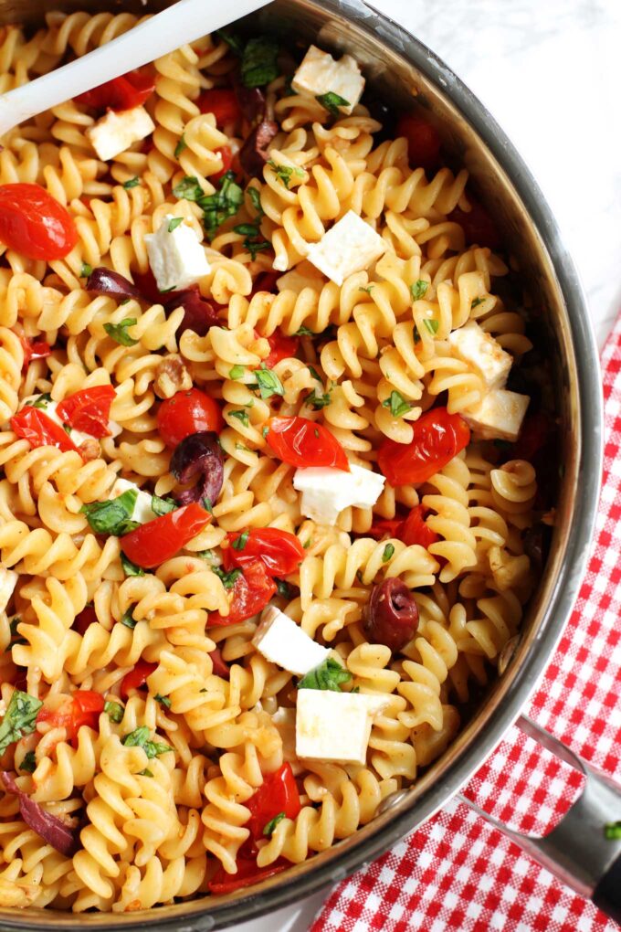 Pasta with Sautéed Cherry Tomatoes, Olives and Feta - Green Valley Kitchen